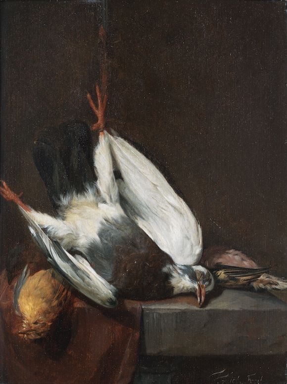 Bonhams : Jacob van Toorenvliet (Leiden circa 1635-1719) Dead birds hanging above a draped stone ...