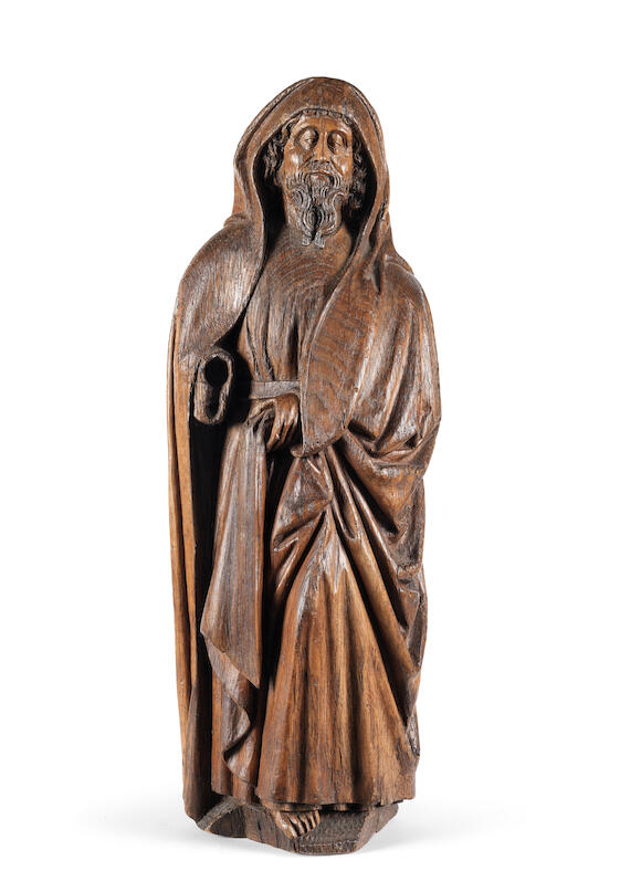 Bonhams : A late 15th/early 16th century carved oak sculpture of a male saint, Flemish, circa 1500