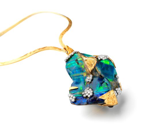 Bonhams : A gold, boulder opal and diamond pendant/necklace, by Grima, (2)