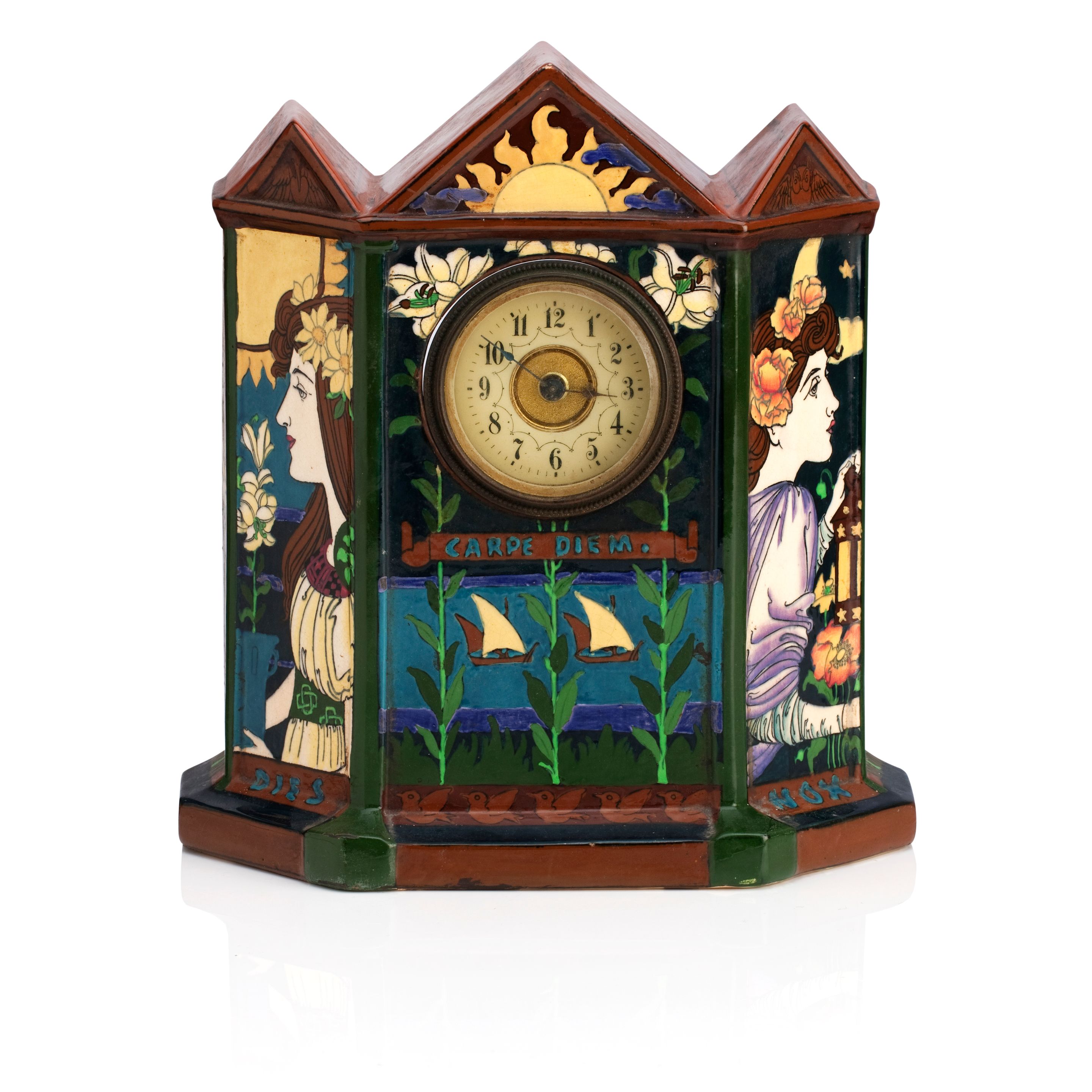 Bonhams : A Foley Intarsio mantel clock by Frederick Rhead Circa 1900