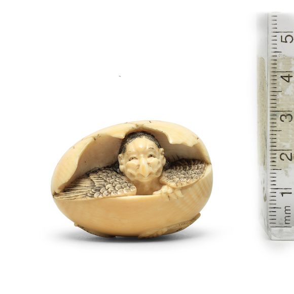 Bonhams : An ivory netsuke of a hatching tengu Style of Hara Shumin ...