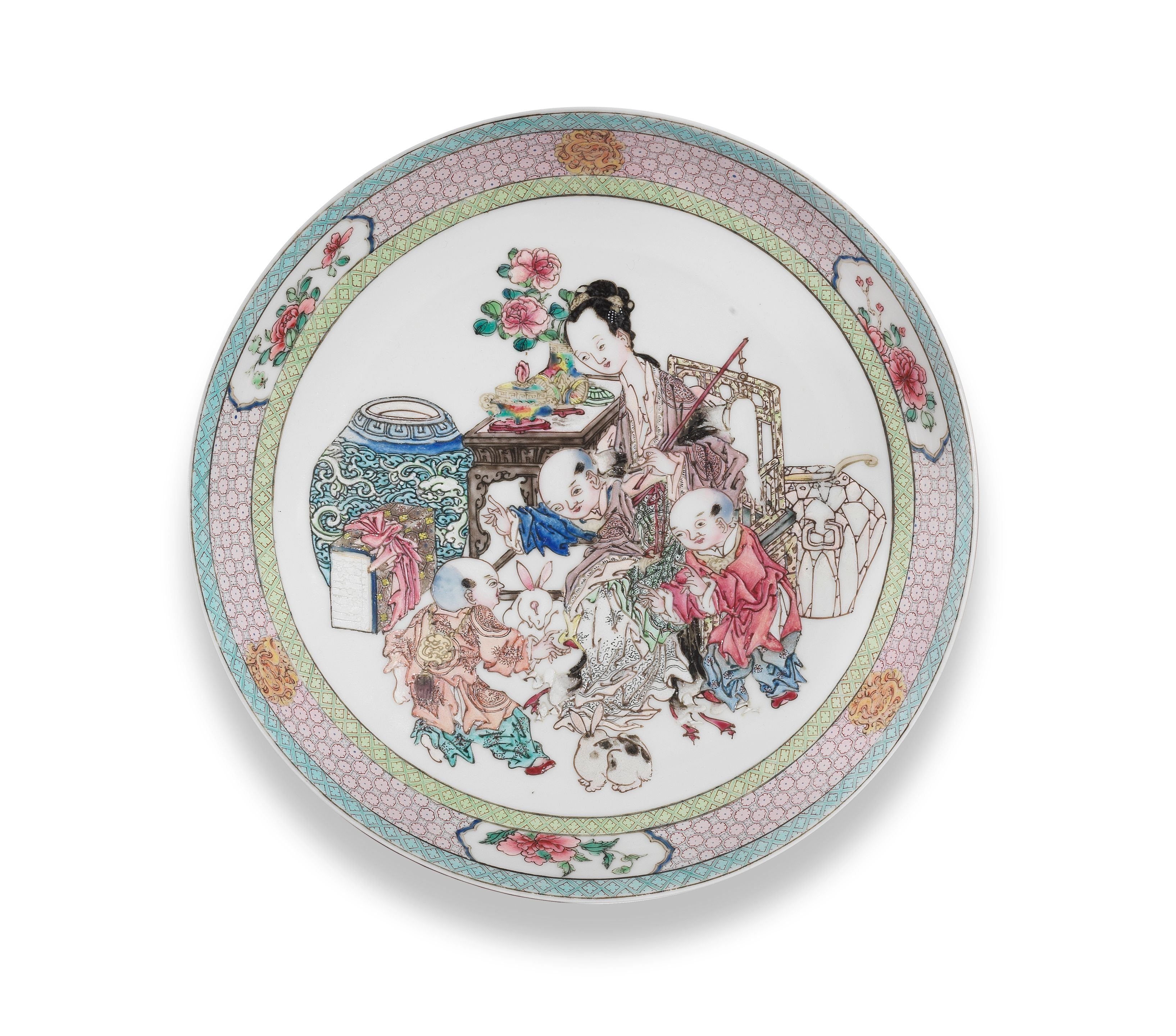 Bonhams : A famille rose ruby-back 'lady and boys' saucer dish Yongzheng