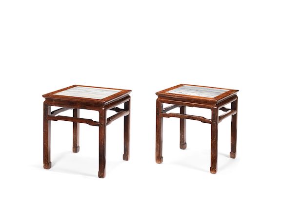 Bonhams : A pair of hongmu and marble stools Qing Dynasty (2)
