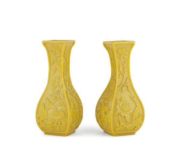 Bonhams : A pair of yellow glass pear-shaped vases 19th century (2)