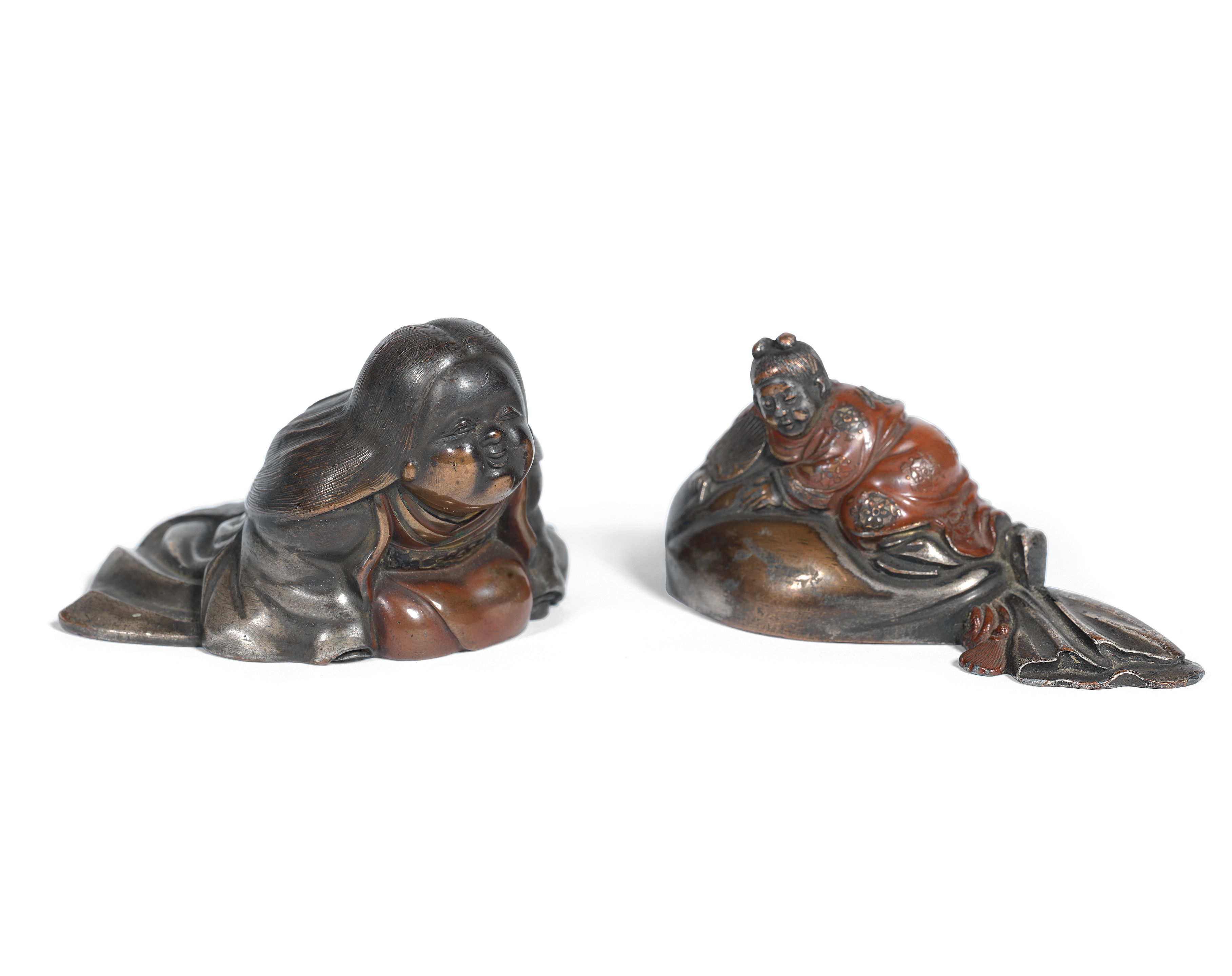 Bonhams : Two Japanese lacquered bronze figural scroll weights Meiji ...