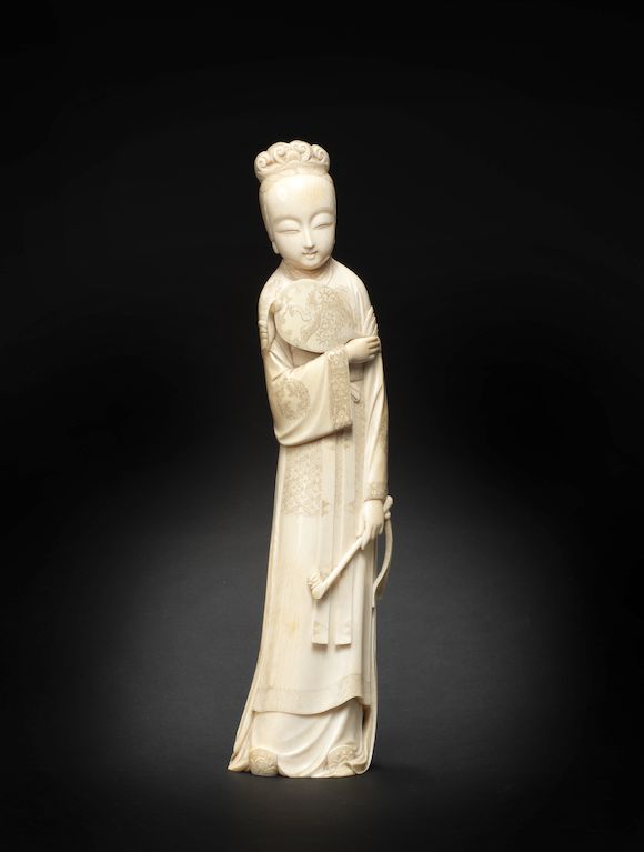 Bonhams : A tall ivory okimono figure of a Chinese maiden By Chikamitsu ...