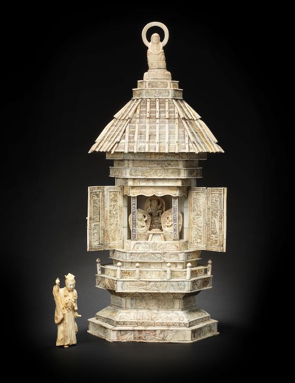 Bonhams : A large sectional ivory and bone Buddhist shrine By Yushu ...