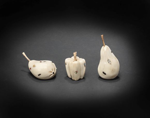 Bonhams : Three European ivory fruits conceived in Japanese Shibayama ...