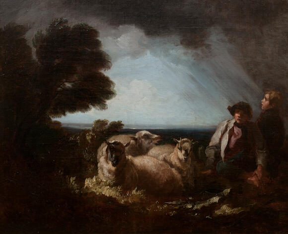Bonhams : Attributed to Thomas Barker of Bath (British, 1769-1847) Sheep and figures in a landscape