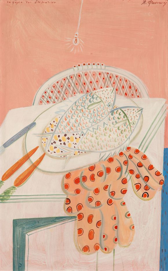 Bonhams : Alecos Fassianos (Greek, born 1935) Fish on the room 78 x 50. ...