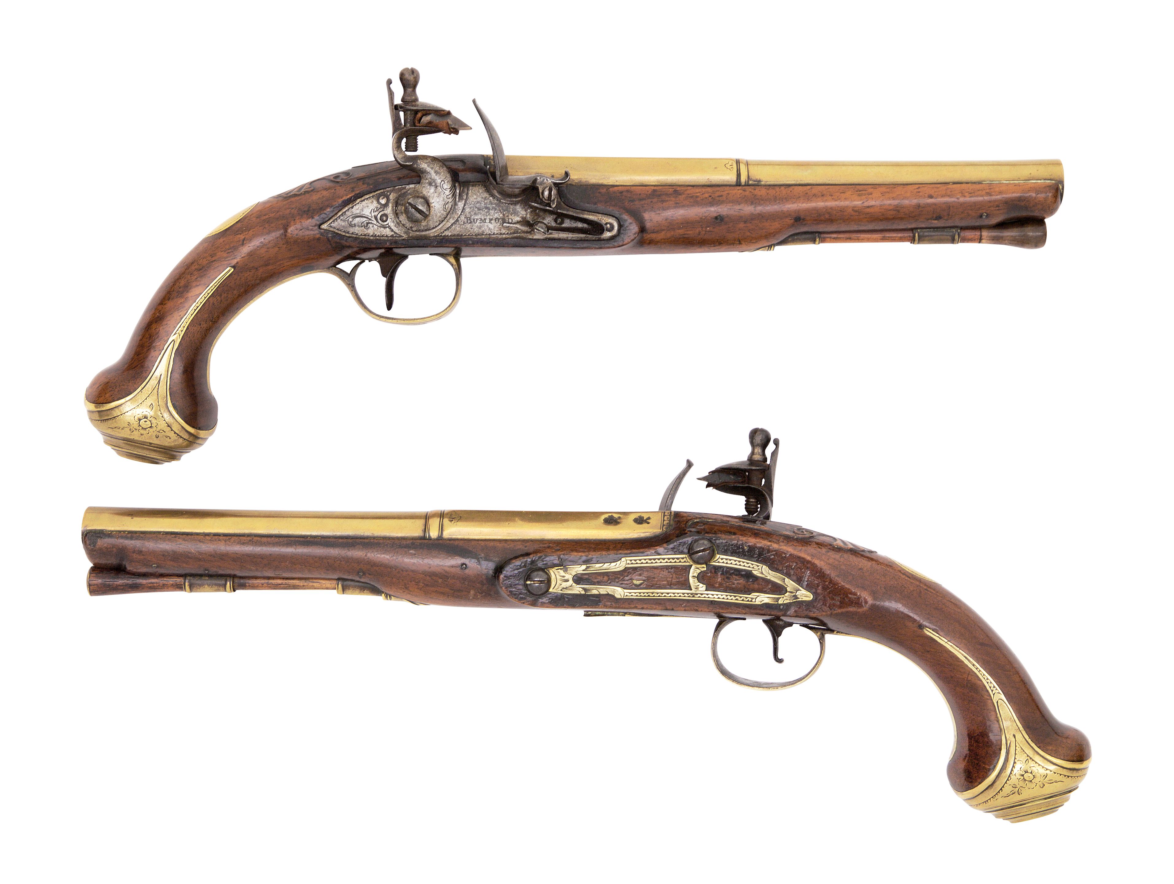 Bonhams : A Pair Of 25-Bore Flintlock Pistols With Brass Barrels And Mounts
