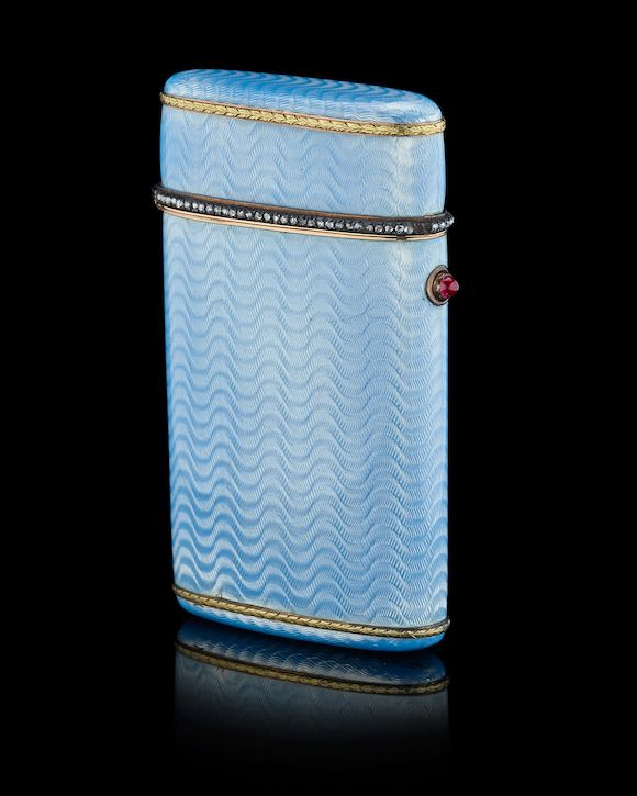 Bonhams : A gem-set gold and guilloché enamel cigarette caseFabergé, St ...
