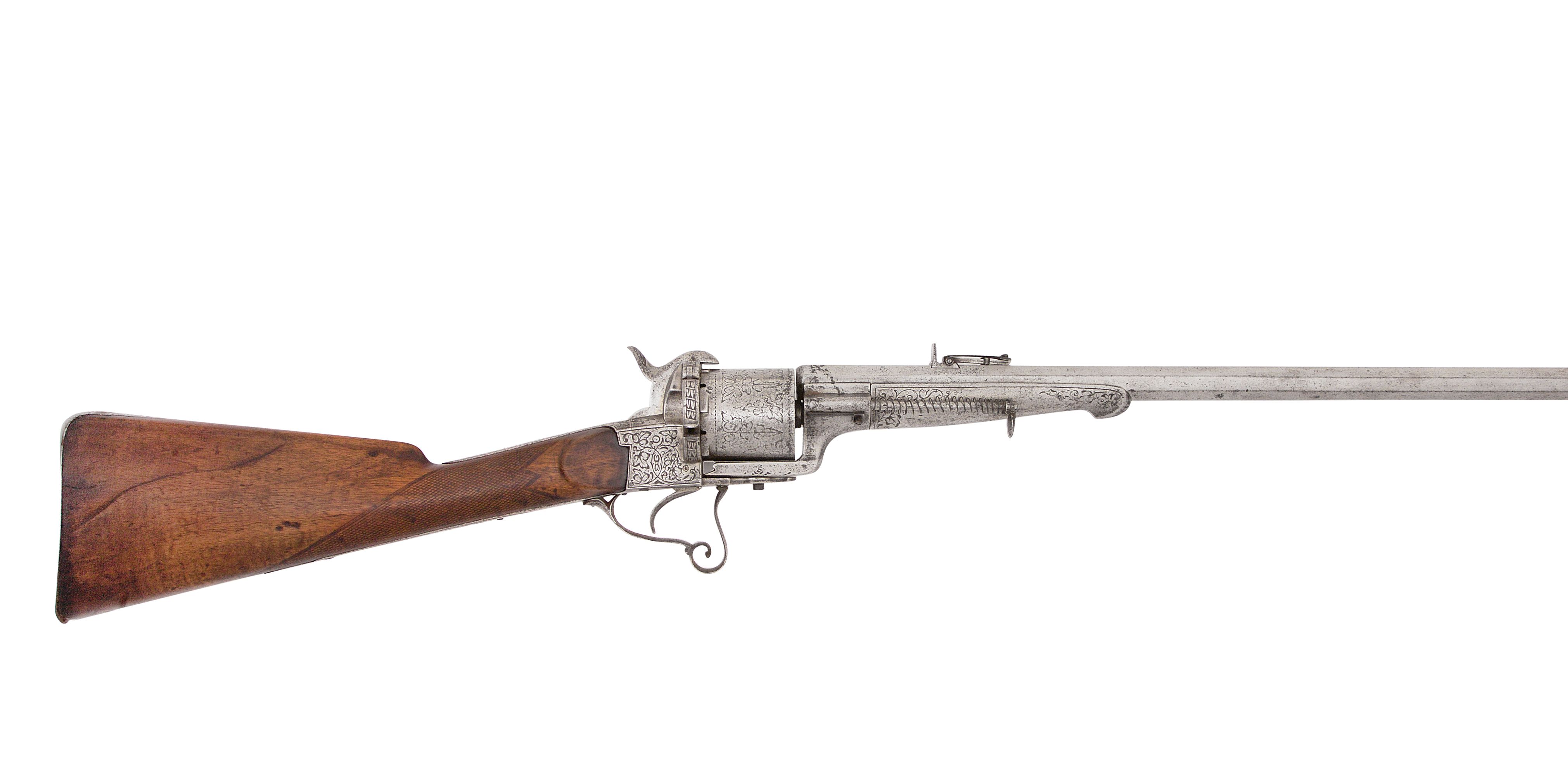 Bonhams : A Liège 28-Bore Pin-Fire Lefaucheux patent Revolving Rifle ...