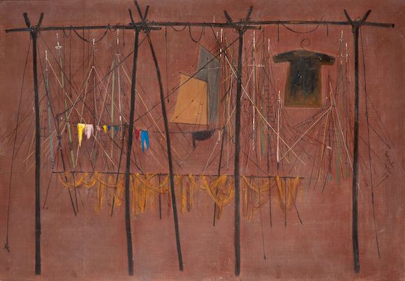 Bonhams : Spyros Vassiliou (Greek, 1902-1984) Fishing nets and caiques 80 x 116 cm.