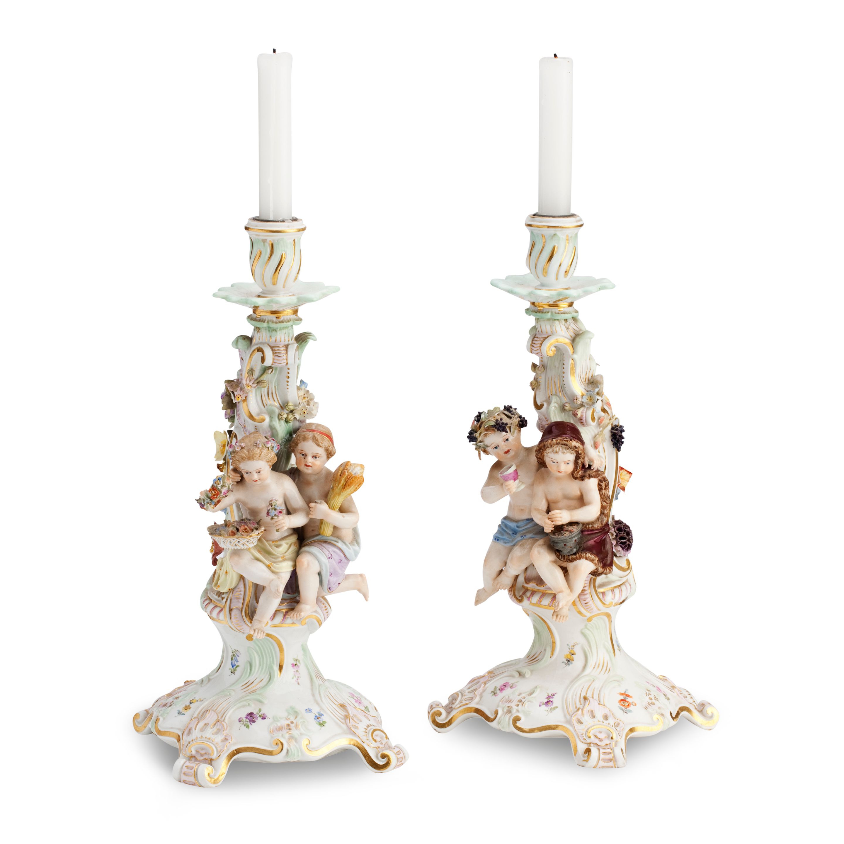 Bonhams : A pair of Meissen candlesticks Circa 1900