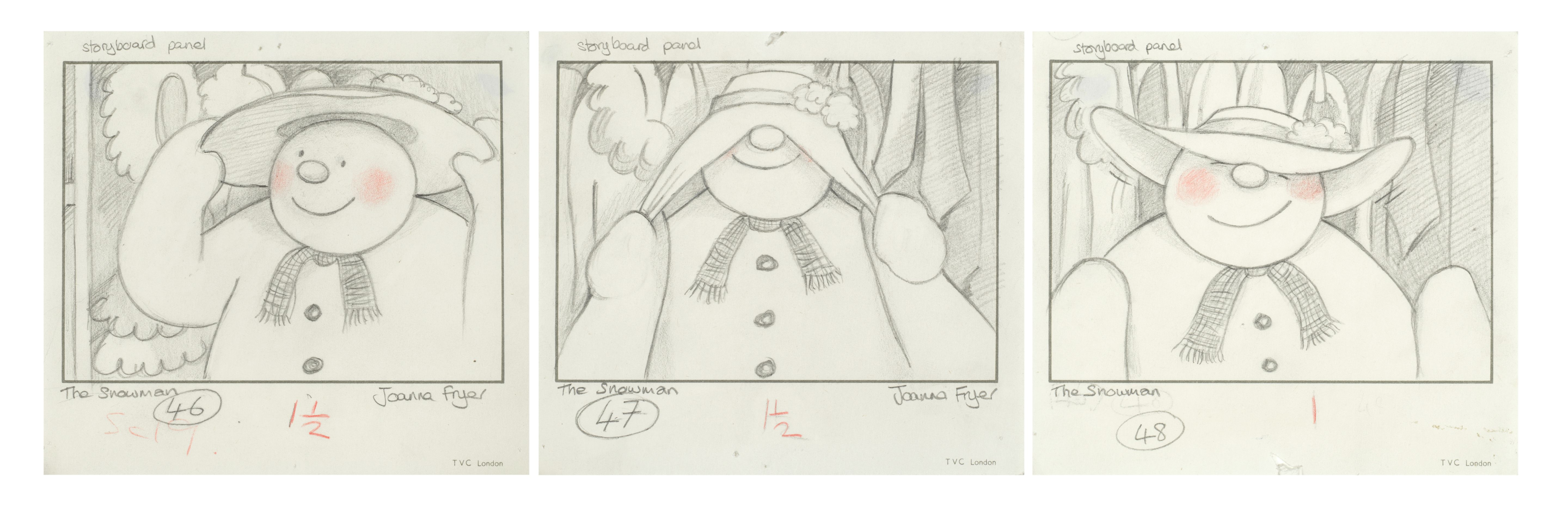 Bonhams : The Snowman Three consecutive Storyboard drawings depicting ...