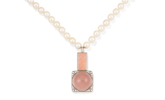 Bonhams : An enamel, cultured pearl and gem-set necklace, by Simon Benney