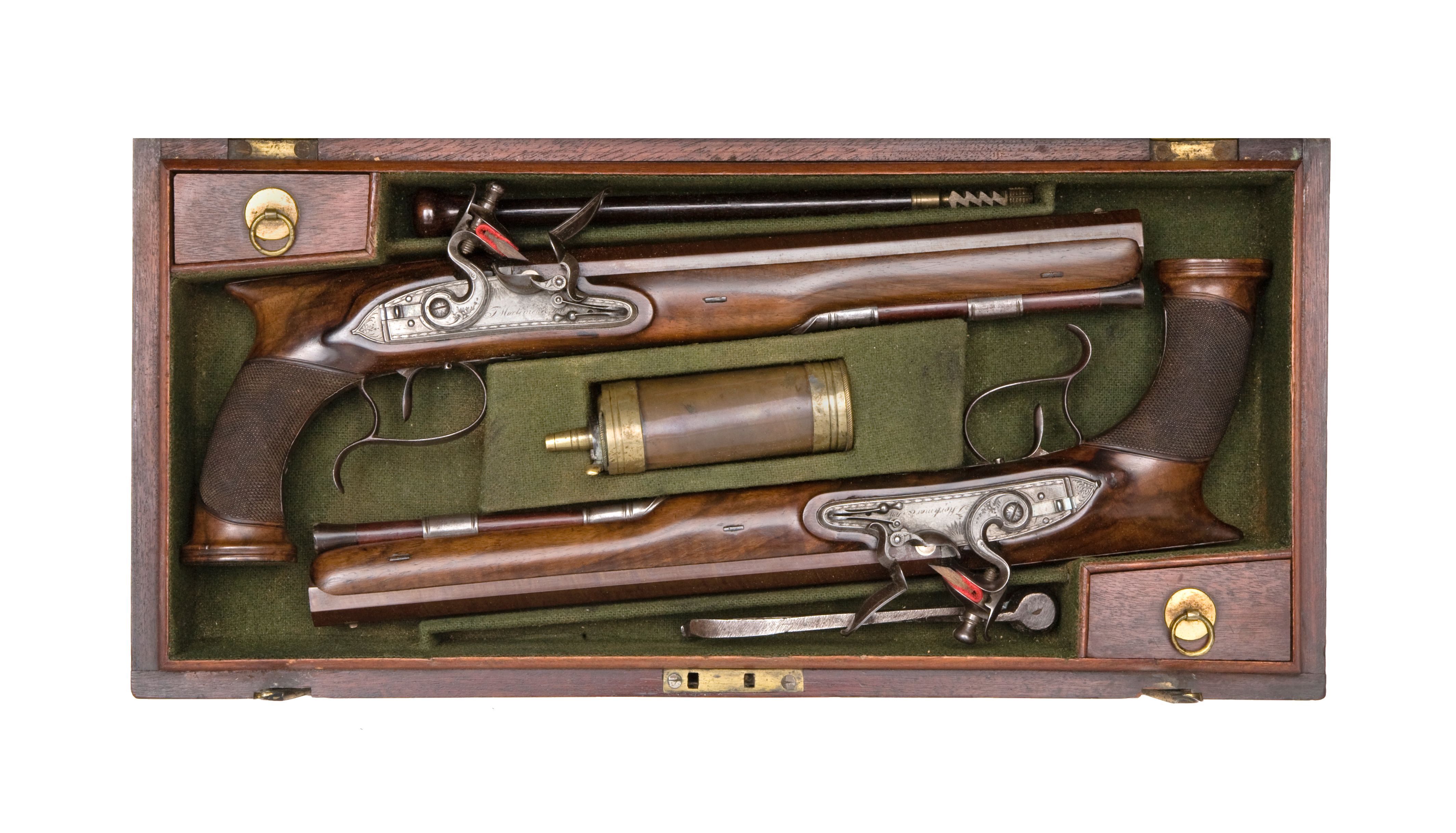 Bonhams : A Cased Pair Of 25-Bore Flintlock Saw-Handled Duelling Pistols