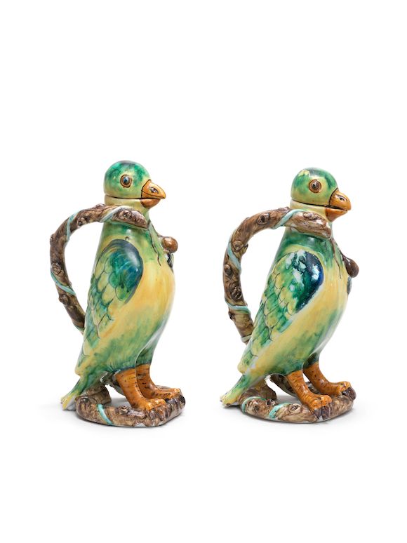 Bonhams : Two Proskau or Glienitz faience parrot jugs and covers, circa ...