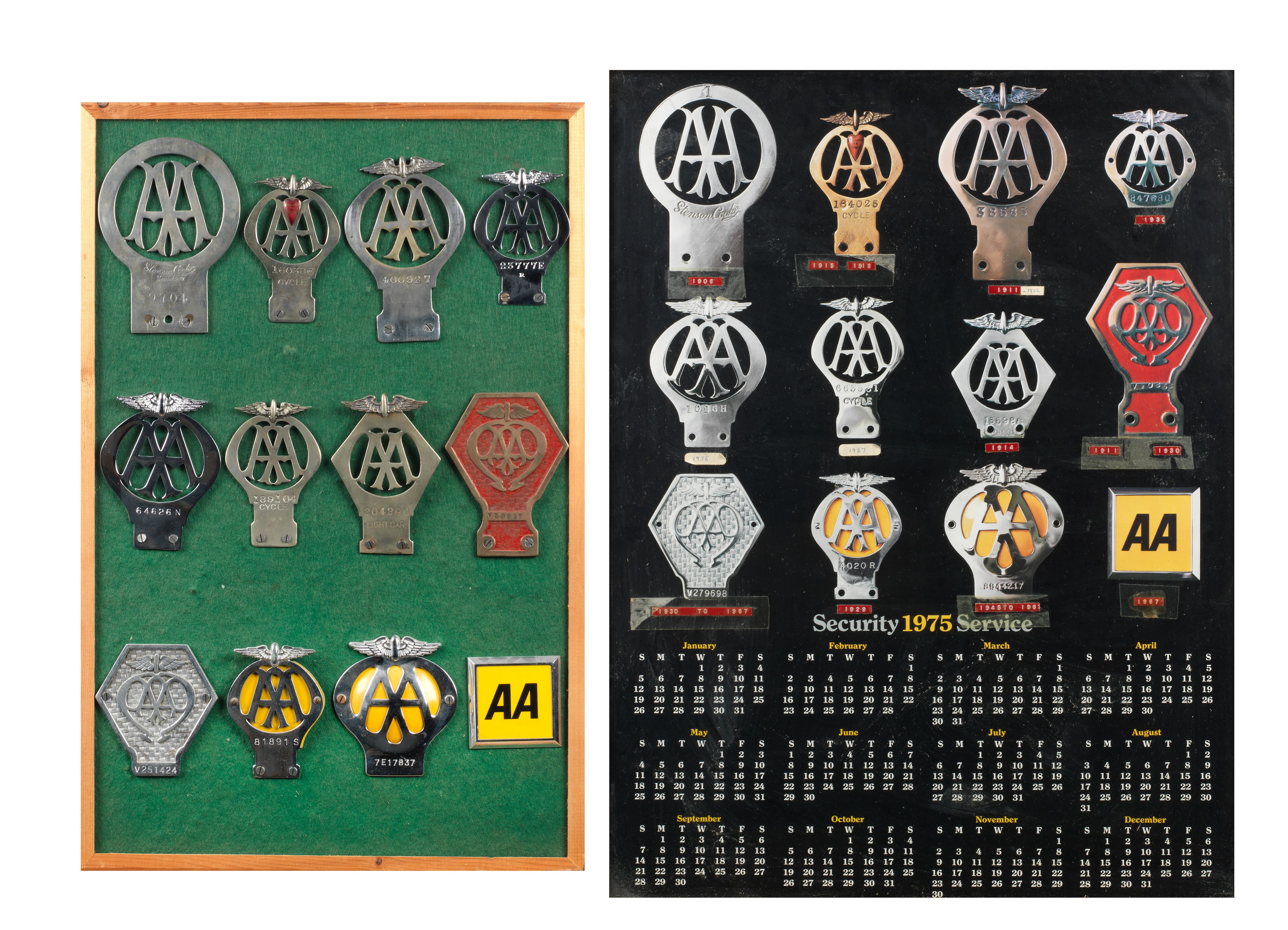 Bonhams Cars : A framed display of twelve AA badges, ((2))