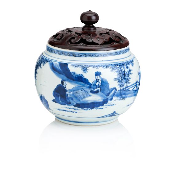 Bonhams : A blue and white jar with huanghuali cover and a tea caddy ...