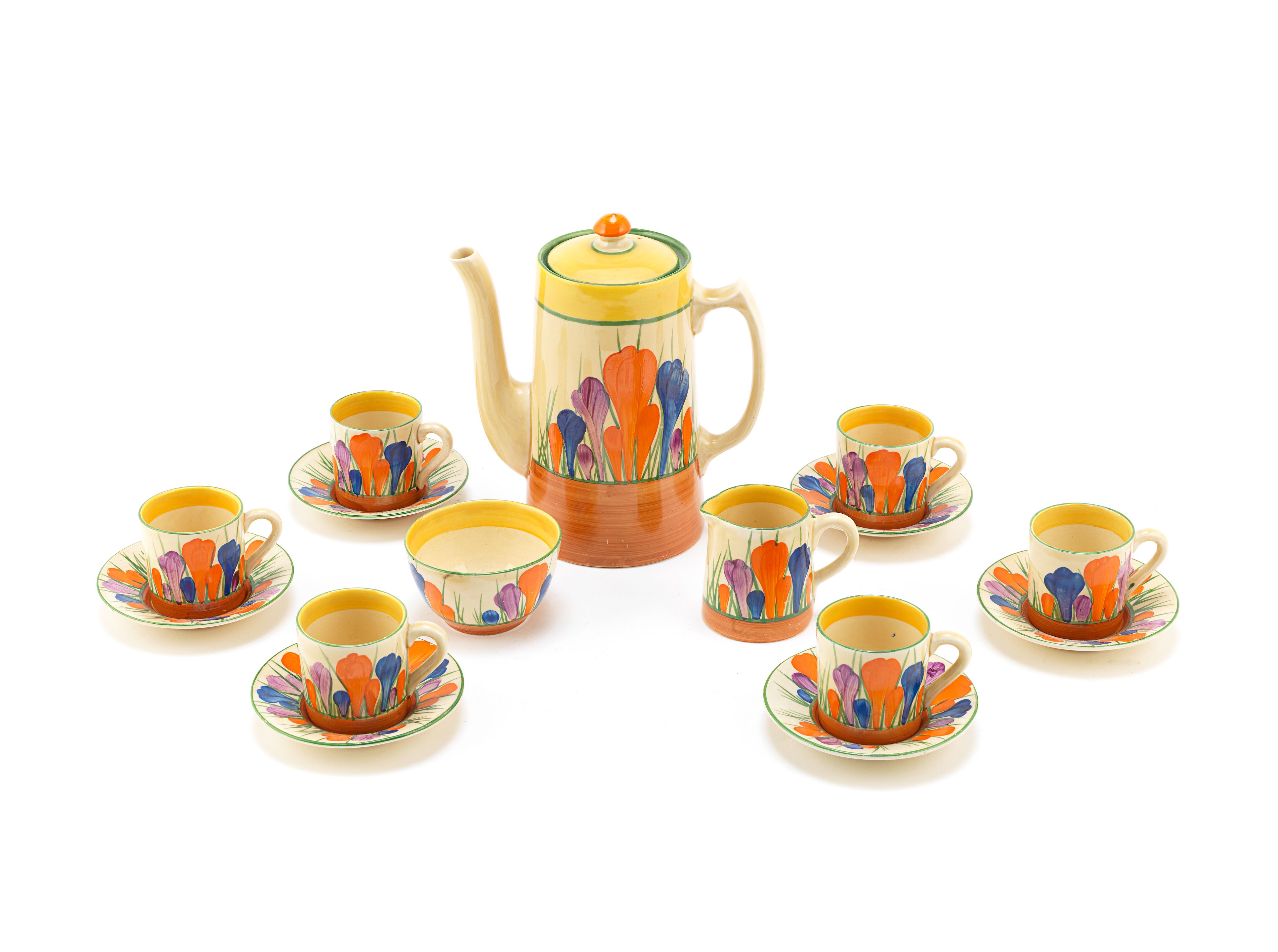 Bonhams : A Clarice Cliff 'Crocus' Pattern Coffee Set PRINTED FACTORY ...