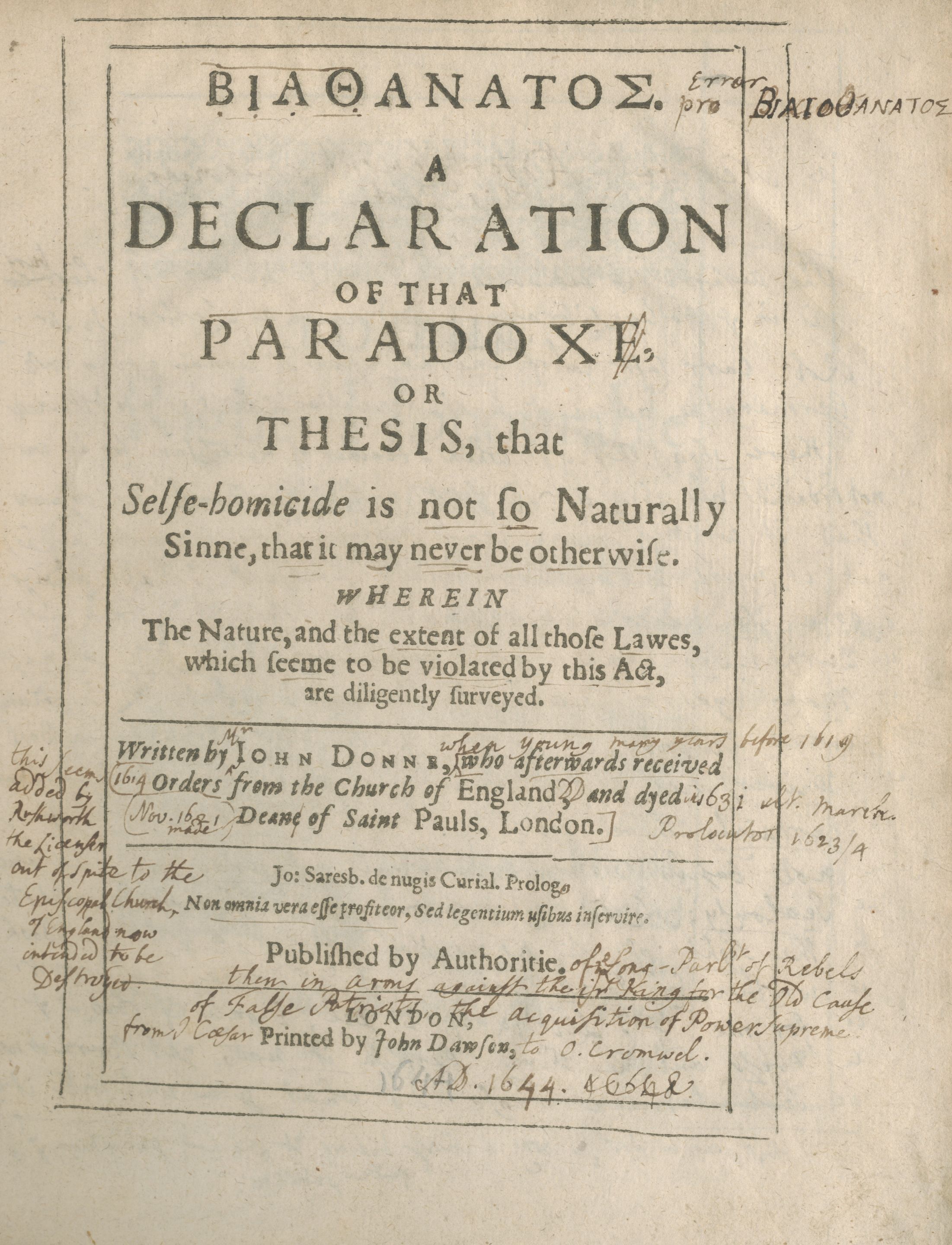 DONNE, JOHN. Biathanatos: A Declaration - auctions & price archive