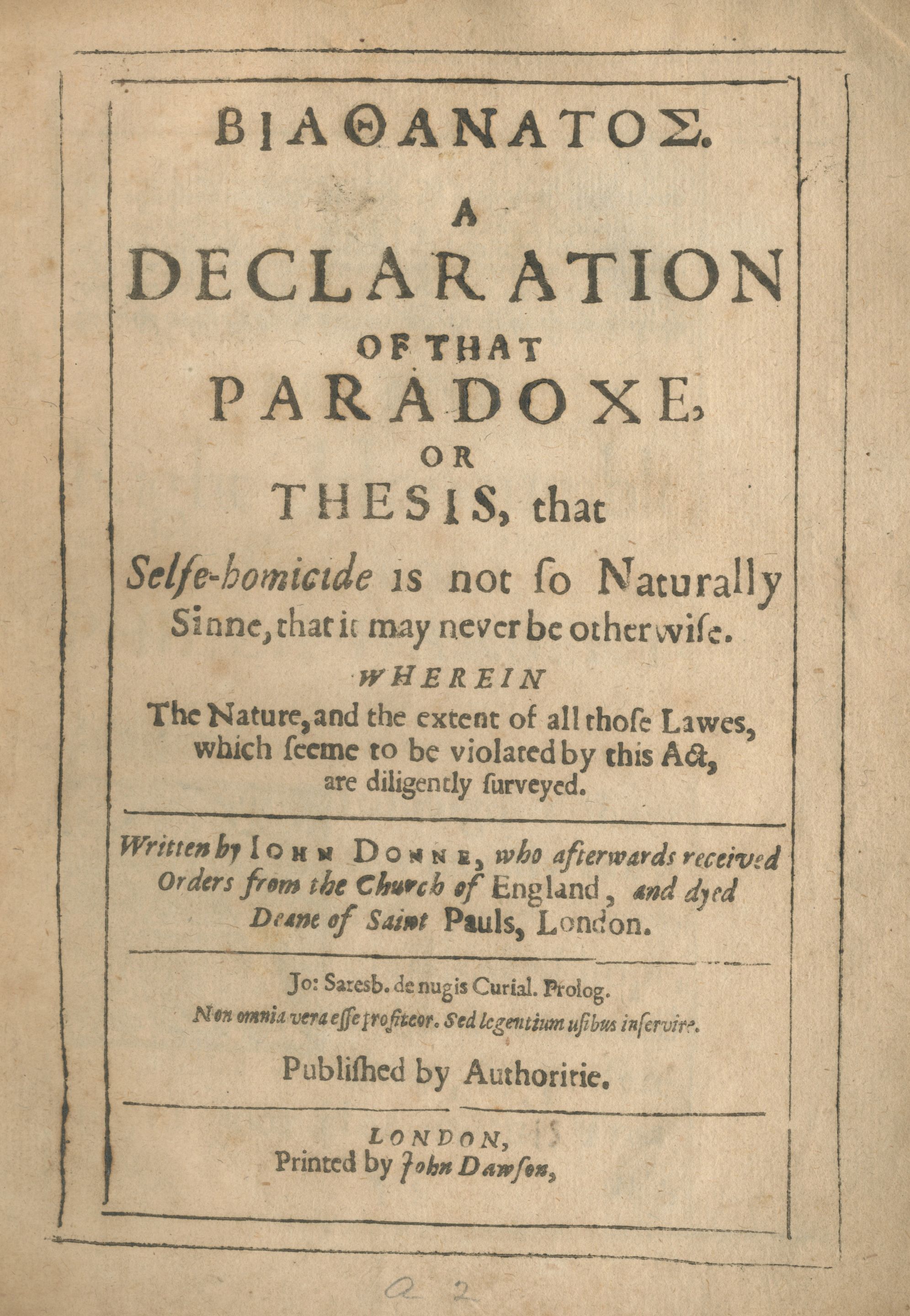 DONNE, JOHN. Biathanatos: A Declaration - auctions & price archive