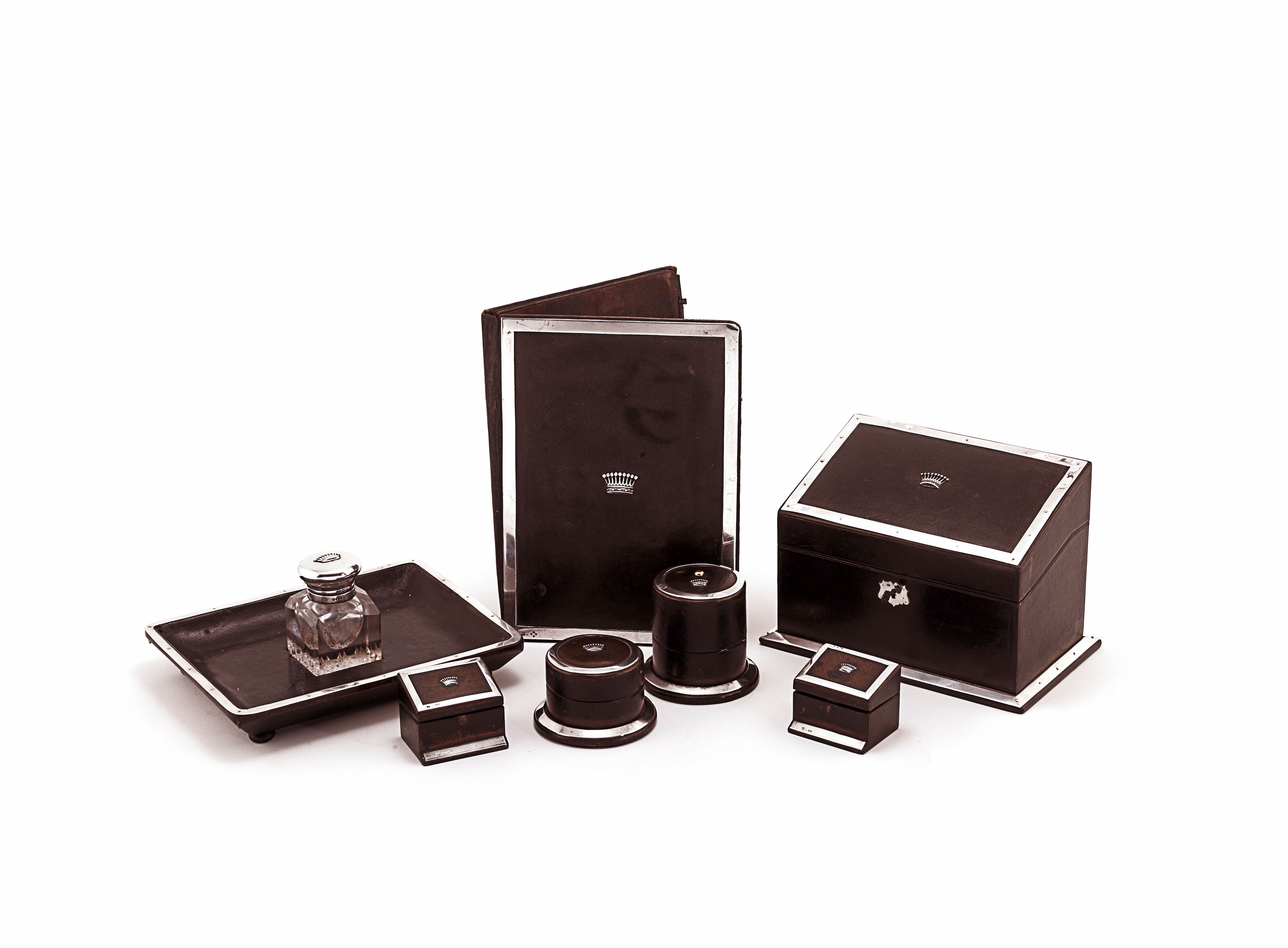 Bonhams : A Victorian seven-piece silver mounted leather desk set by ...