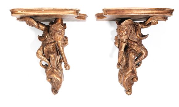 Bonhams : A pair of decorative gilt composition monkey wall brackets (2)