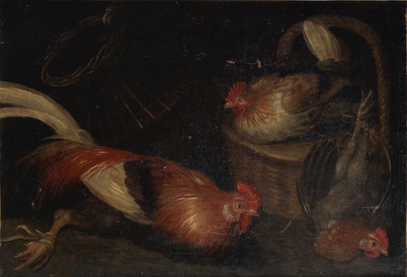 Bonhams : Spanish School, 18th Century Hens in captivity beside baskets