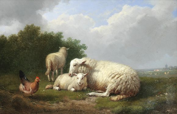 Bonhams : Eugène Verboeckhoven (Belgian, 1798-1881) Sheep sheltering ...