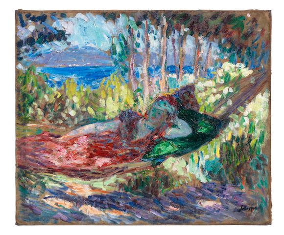 Bonhams : HENRI LEBASQUE (1865-1937) Saint-Tropez, jeune femme dans un hamac (Painted in 1906)