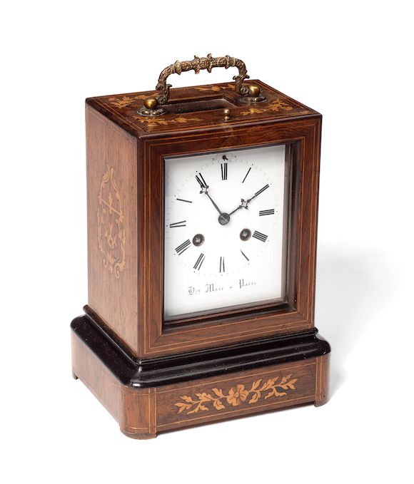 Bonhams : A French marquetry inlaid table clock and a French ebonised ...
