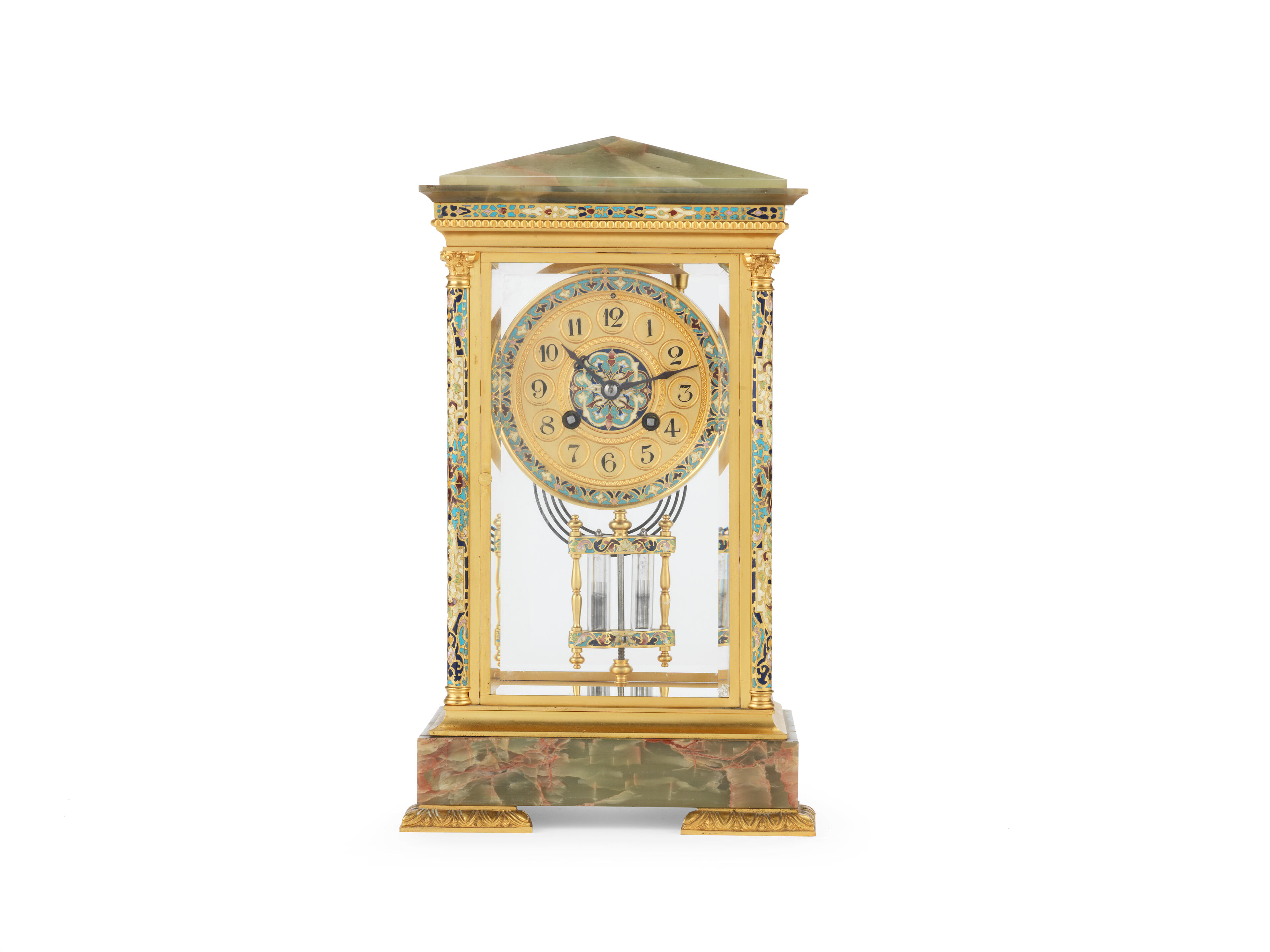 Bonhams : A late 19th century French gilt bronze, champlevé enamel and green onyx four glass ...
