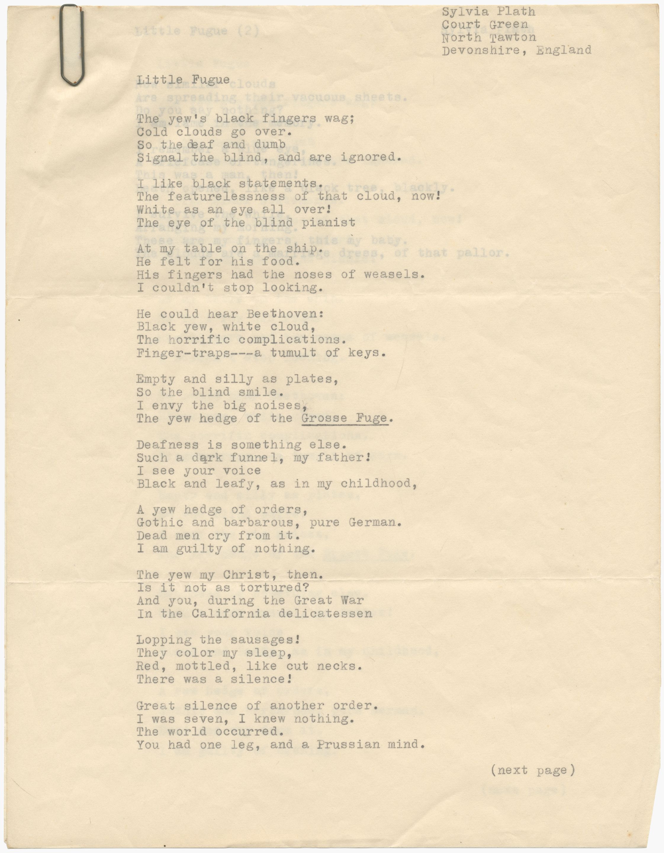Bonhams : PLATH (SYLVIA) Typescript of the poem 'Little Fugue', 1962 (2)
