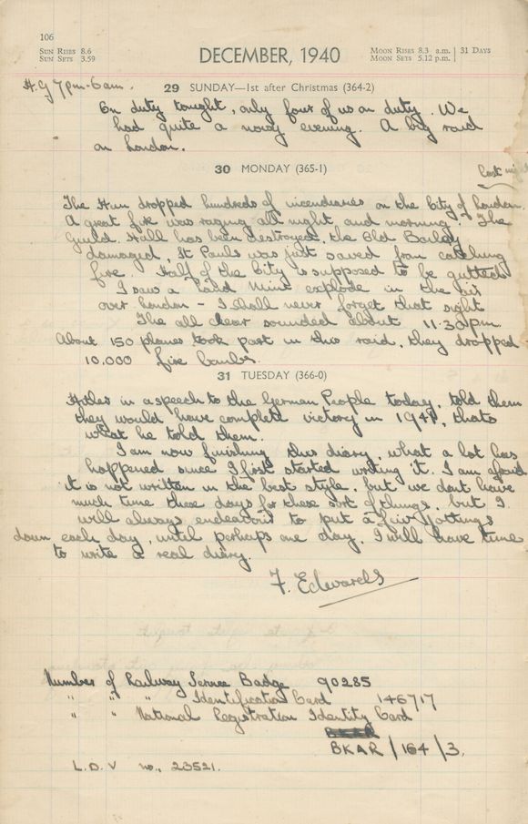 Bonhams : WORLD WAR TWO – THE LONDON BLITZ Diary kept by F. Edwards ...