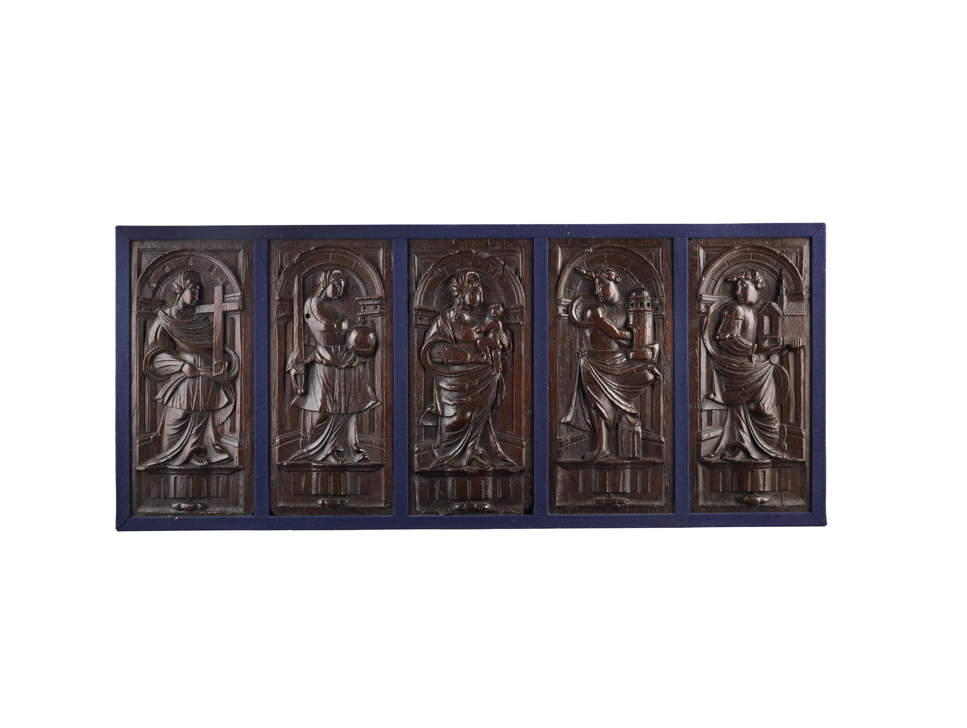 Bonhams : A framed set of five mid-16th century carved oak panels, Northern French, circa 1550