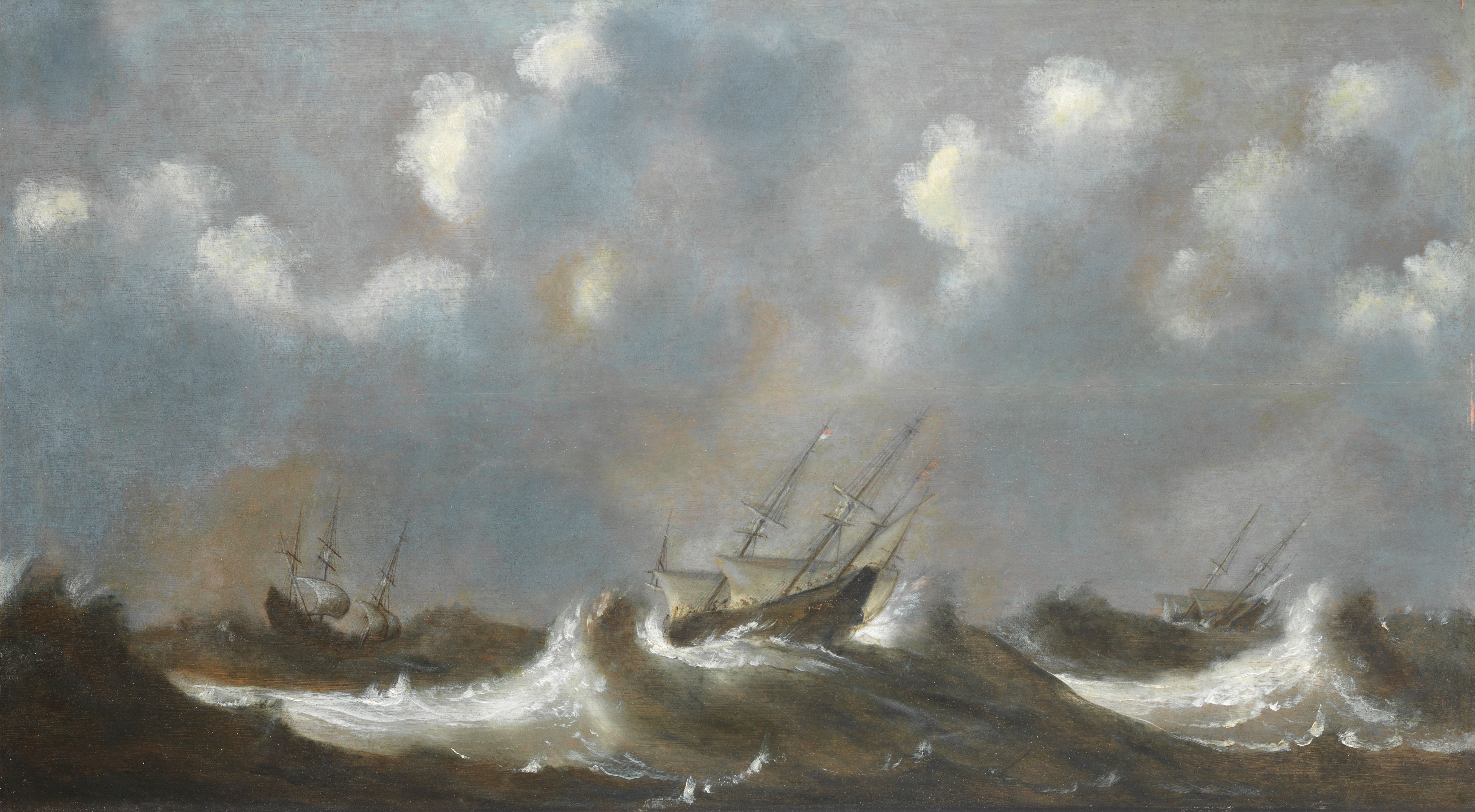 Bonhams : Circle of Claes Claesz. Wou (Amsterdam 1592-1665) Shipping in a stormy sea