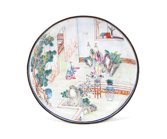 Bonhams : A painted enamel 'Romance of the Western Chamber' dish 18th century