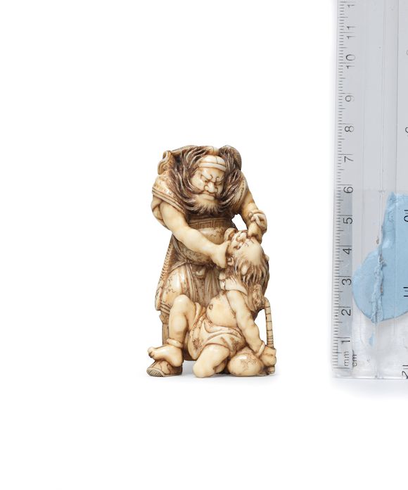 Bonhams : An ivory okimono style netsuke of Shoki and an oni (demon) By ...