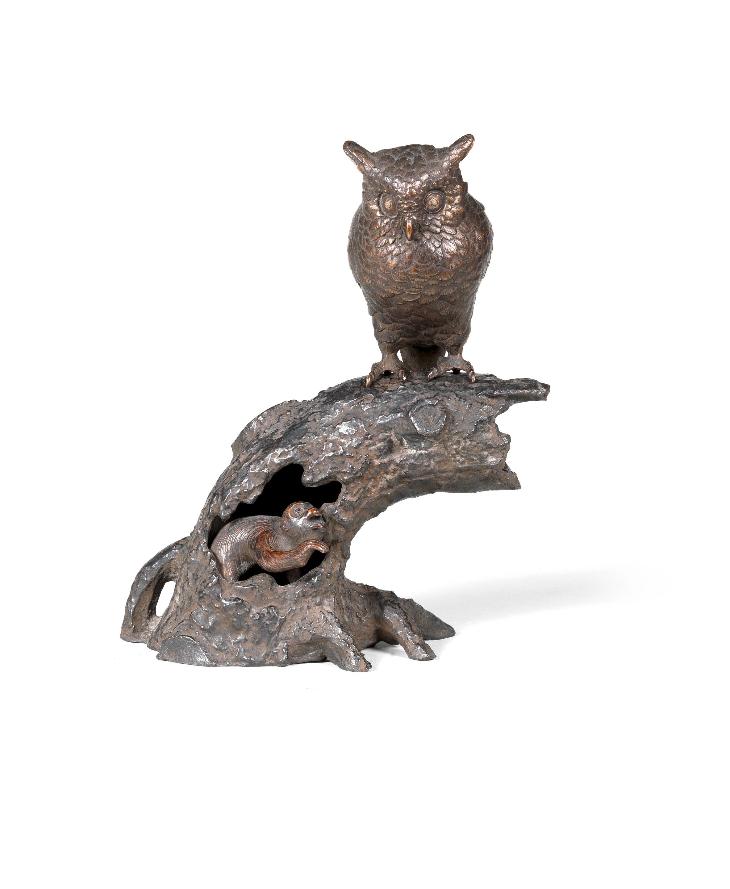 Bonhams : A bronze okimono group of an owl and monkey Meiji era (1868-1912), late 19th/early ...