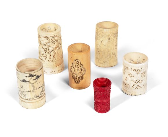 Bonhams : A group of carved ivory tool vases 19th century (6)