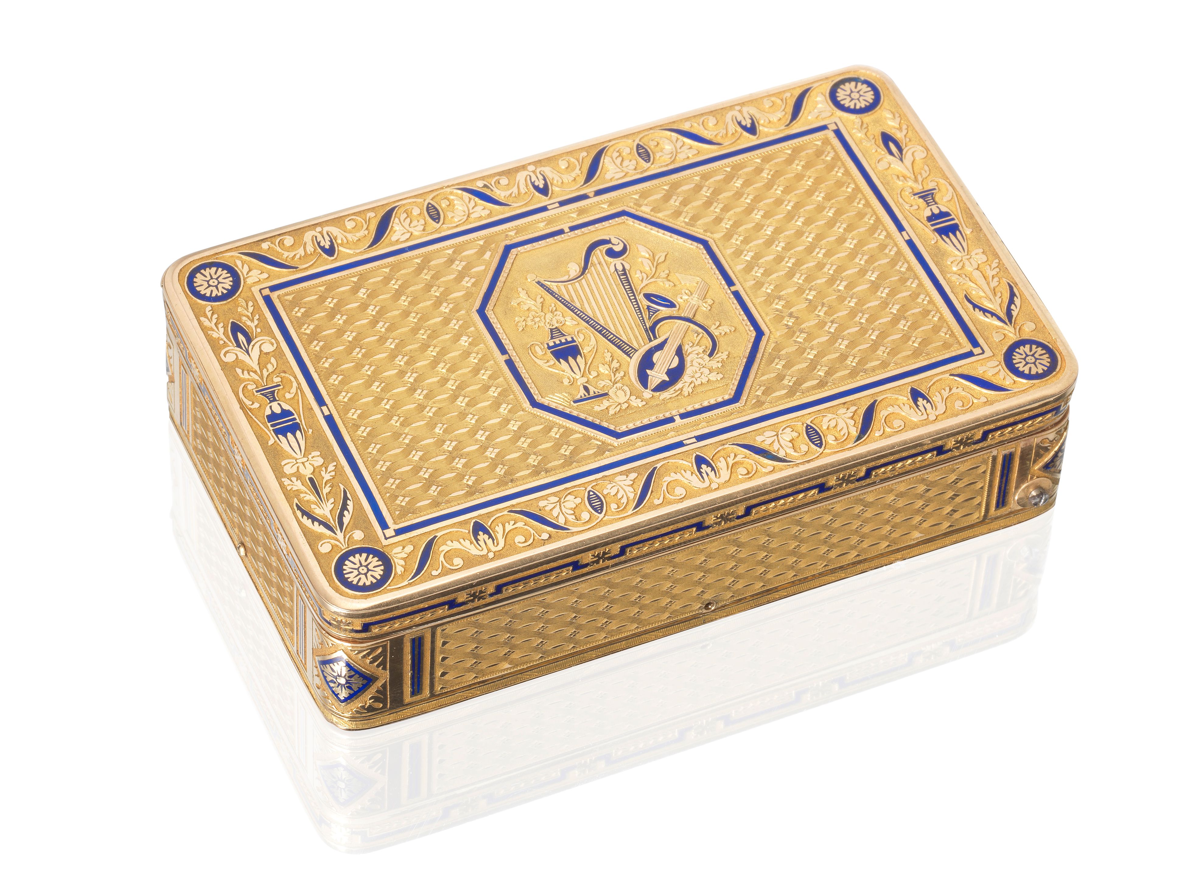 Bonhams : An early 19th century Swiss gold and enamelled musical snuff ...