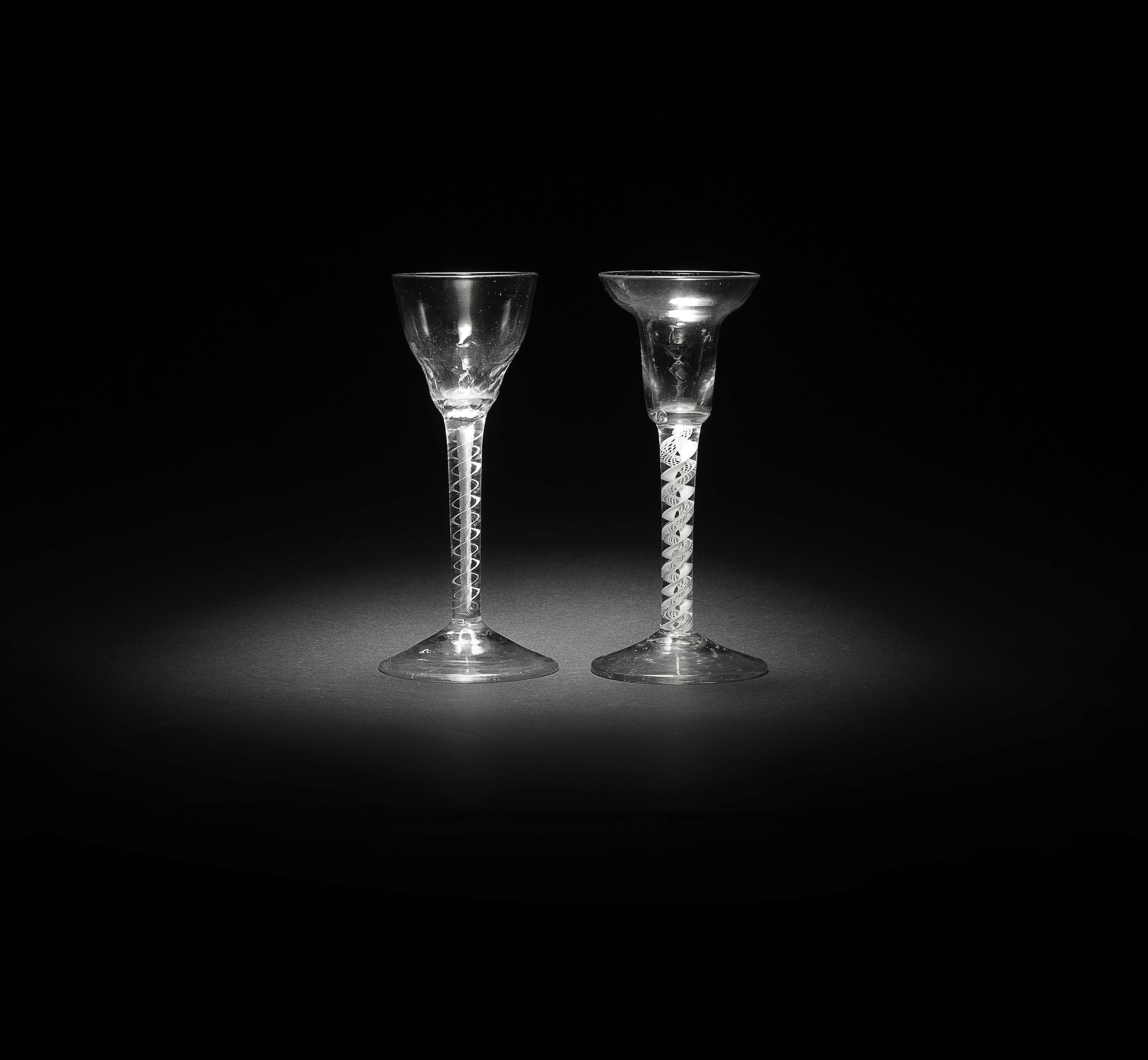 Bonhams : A pan-topped wine glass and a double ogee wine glass, circa 1760