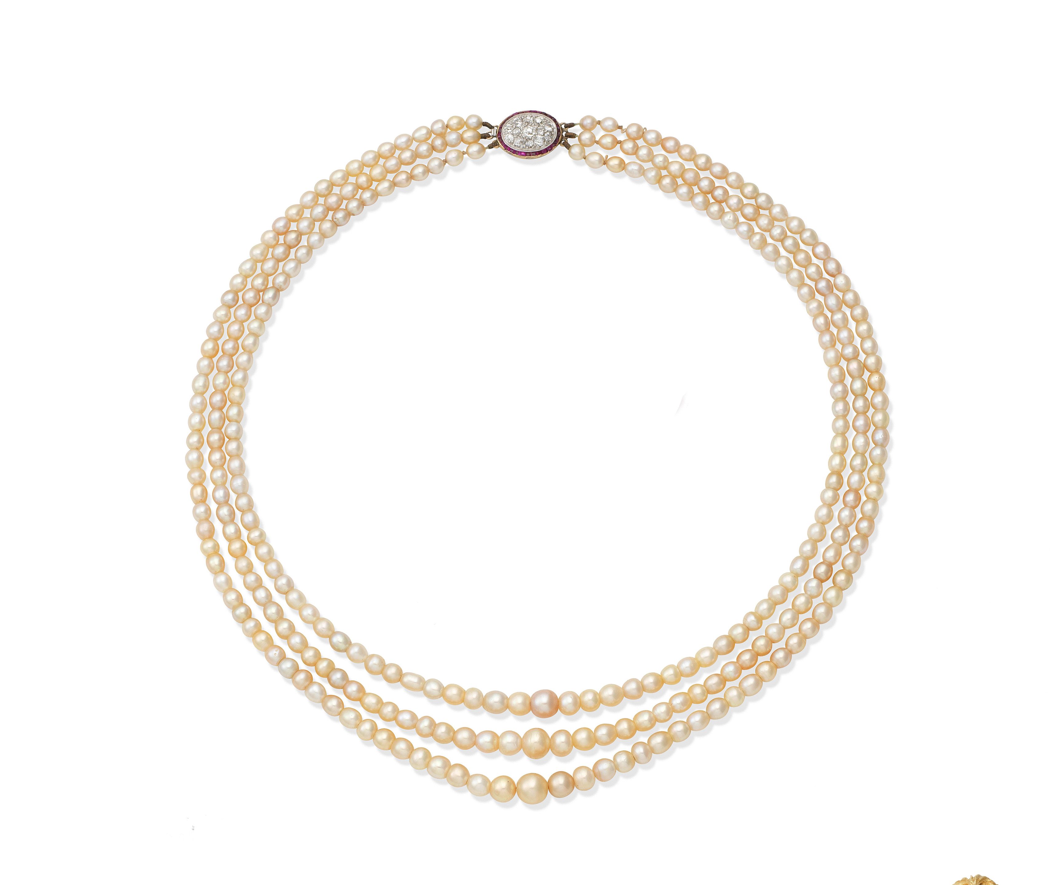 Bonhams : A three-strand natural pearl necklace