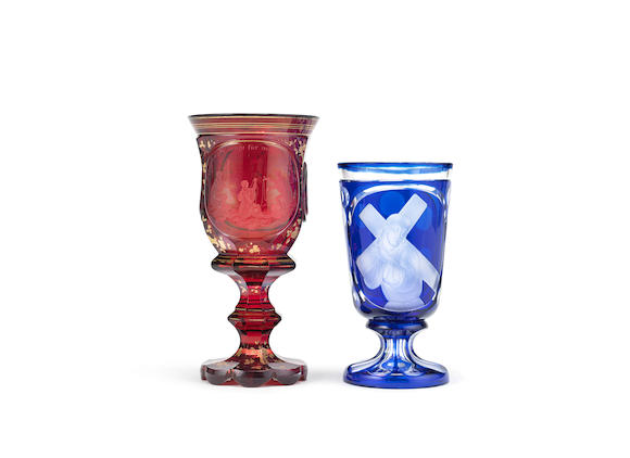 Bonhams A Bohemian Ruby Stained Goblet And A Blue Overlay Beaker