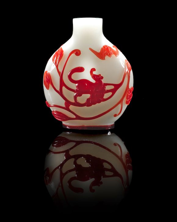 Bonhams : A red overlay white glass 'squirrels and grapes' snuff bottle ...