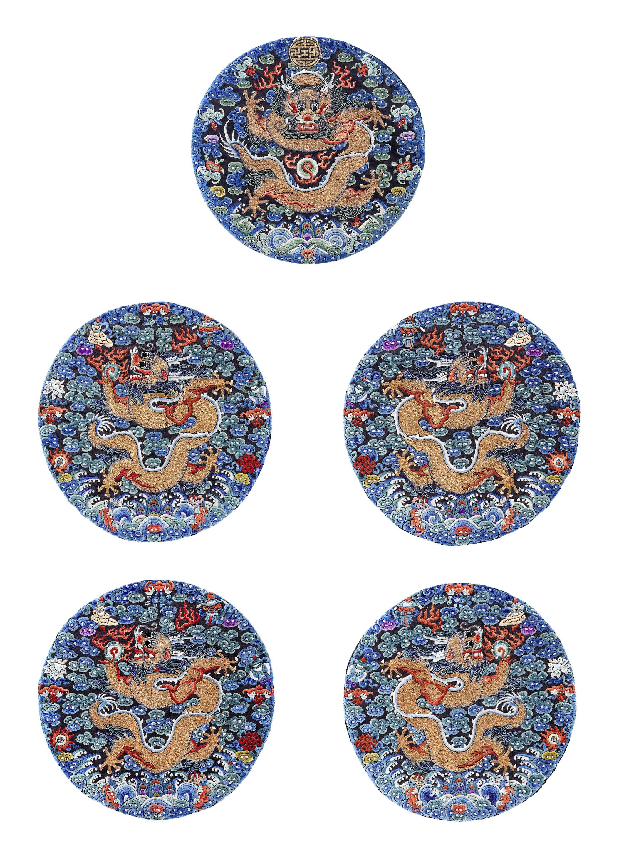 Bonhams : Five Imperial silk 'dragon' roundels, 19th century 19th ...