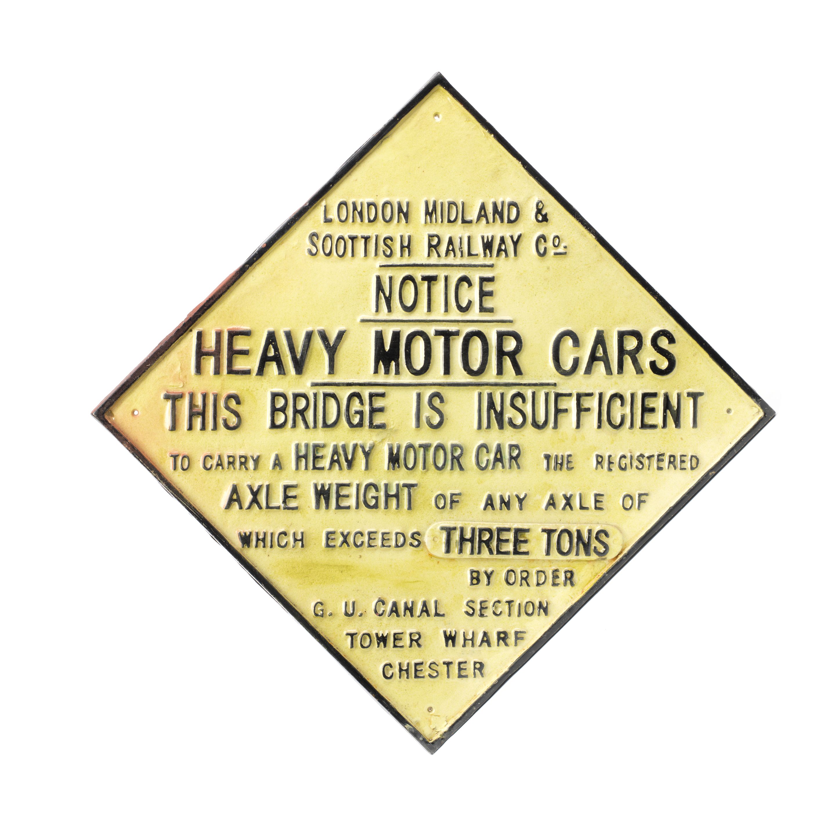 Bonhams Cars : A "Heavy Motor Cars" bridge warning sign, 1920s,
